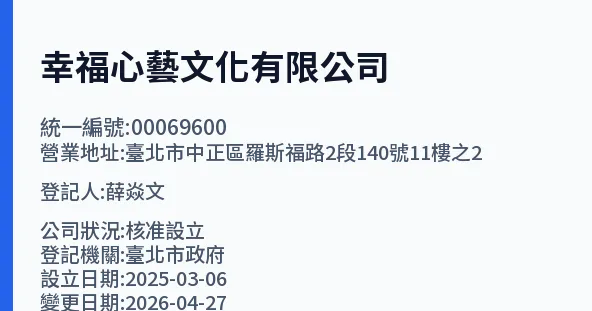 幸福心藝文化有限公司的照片-統編 00069600(臺北市) 公司登記資料與營業項目詳細圖表