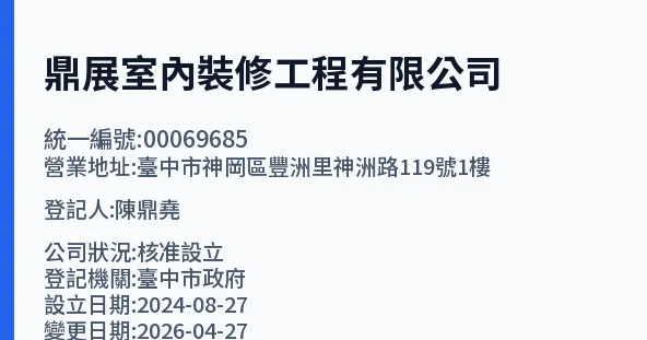 鼎展室內裝修工程有限公司的照片-統編 00069685(臺中市) 公司登記資料與營業項目詳細圖表