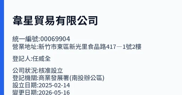 韋星貿易有限公司的照片-統編 00069904(新竹市) 公司登記資料與營業項目詳細圖表