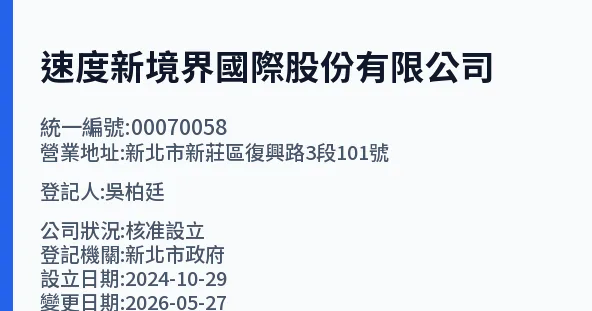 速度新境界國際股份有限公司的照片-統編 00070058(新北市) 公司登記資料與營業項目詳細圖表