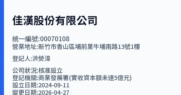佳漢股份有限公司的照片-統編 00070108(新竹市) 公司登記資料與營業項目詳細圖表