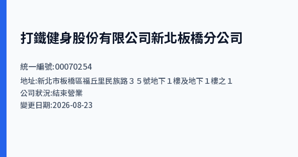 打鐵健身股份有限公司新北板橋分公司的照片-統編 00070254(新北市) 公司登記資料與營業項目詳細圖表