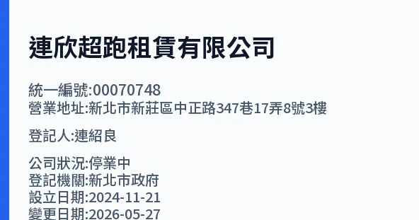 連欣超跑租賃有限公司的照片-統編 00070748(新北市) 公司登記資料與營業項目詳細圖表