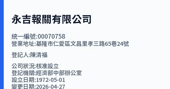 永吉報關有限公司的照片-統編 00070758(基隆市) 公司登記資料與營業項目詳細圖表