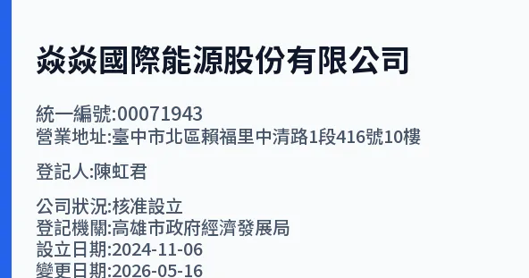 焱焱國際能源股份有限公司的照片-統編 00071943(臺中市) 公司登記資料與營業項目詳細圖表