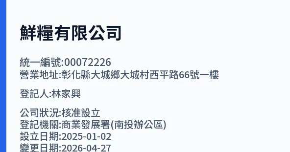 鮮糧有限公司的照片-統編 00072226(彰化縣) 公司登記資料與營業項目詳細圖表
