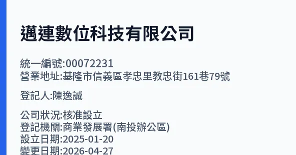 邁連數位科技有限公司的照片-統編 00072231(基隆市) 公司登記資料與營業項目詳細圖表