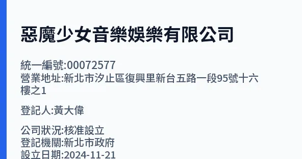 惡魔少女音樂娛樂有限公司的照片-統編 00072577(新北市) 公司登記資料與營業項目詳細圖表