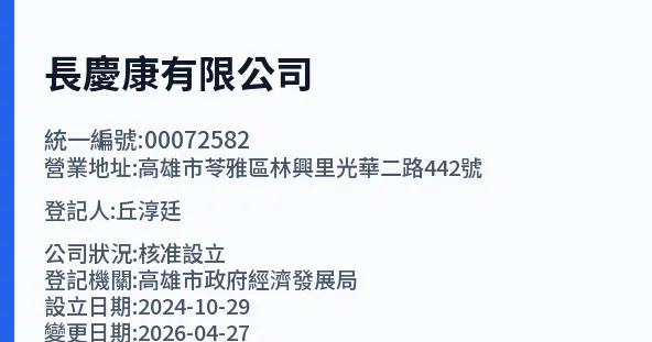長慶康有限公司的照片-統編 00072582(高雄市) 公司登記資料與營業項目詳細圖表