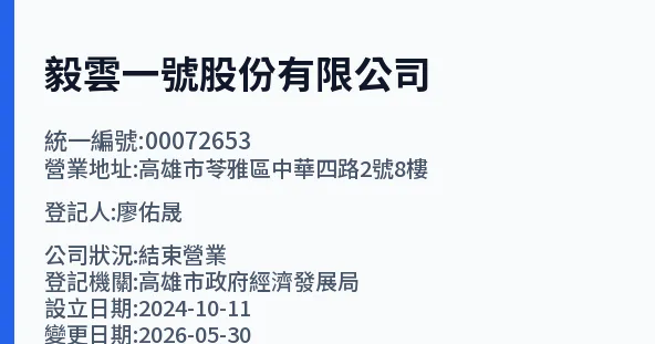 毅雲一號股份有限公司的照片-統編 00072653(高雄市) 公司登記資料與營業項目詳細圖表