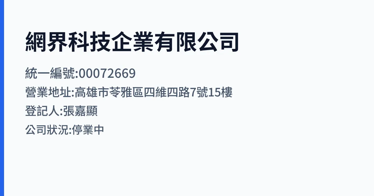 網界科技企業有限公司 - 統編 00072669(高雄市) 公司登記資料與營業項目詳細圖表