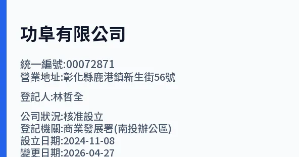 功阜有限公司的照片-統編 00072871(彰化縣) 公司登記資料與營業項目詳細圖表