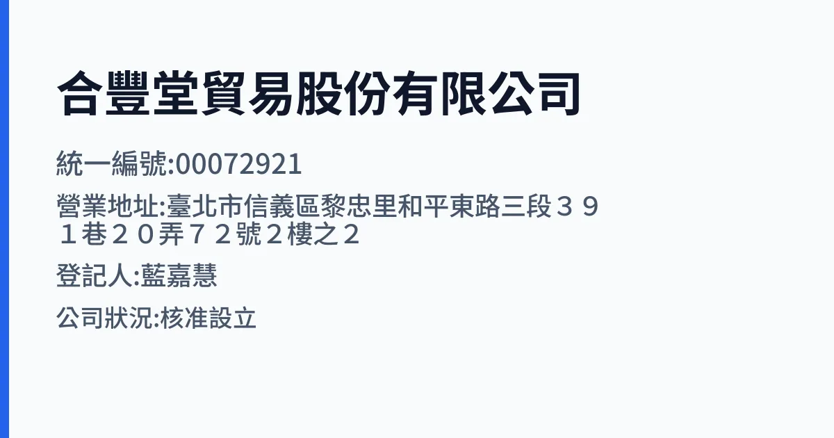 合豐堂貿易股份有限公司 - 統編 00072921(新北市) 公司登記資料與營業項目詳細圖表