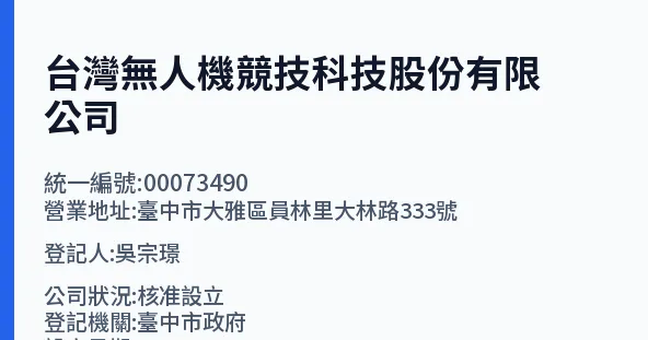 台灣無人機競技科技股份有限公司的照片-統編 00073490(臺中市) 公司登記資料與營業項目詳細圖表
