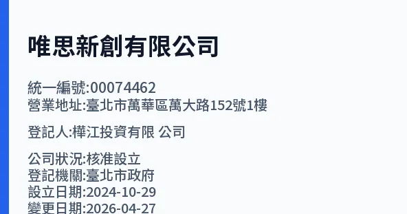 唯思新創有限公司的照片-統編 00074462(臺北市) 公司登記資料與營業項目詳細圖表