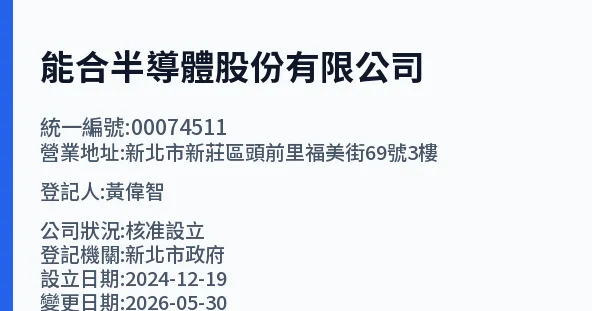 能合半導體股份有限公司的照片-統編 00074511(新北市) 公司登記資料與營業項目詳細圖表
