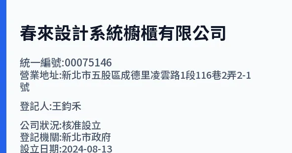 春來設計系統櫥櫃有限公司的照片-統編 00075146(新北市) 公司登記資料與營業項目詳細圖表