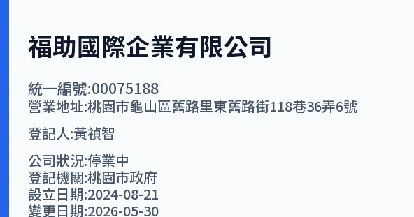 福助國際企業有限公司的照片-統編 00075188(桃園市) 公司登記資料與營業項目詳細圖表