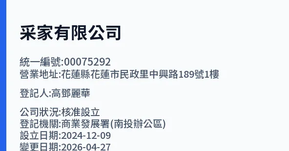 采家有限公司的照片-統編 00075292(花蓮縣) 公司登記資料與營業項目詳細圖表