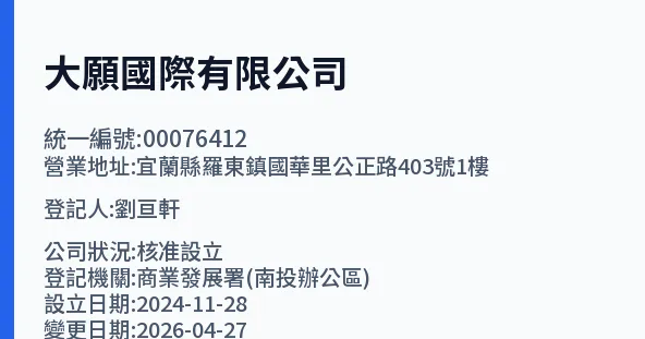 大願國際有限公司的照片-統編 00076412(宜蘭縣) 公司登記資料與營業項目詳細圖表
