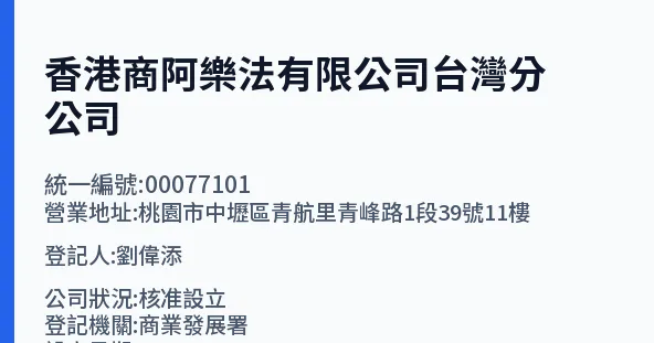 香港商阿樂法有限公司台灣分公司的照片-統編 00077101(桃園市) 公司登記資料與營業項目詳細圖表