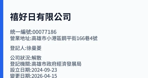 禧好日有限公司的照片-統編 00077186(高雄市) 公司登記資料與營業項目詳細圖表