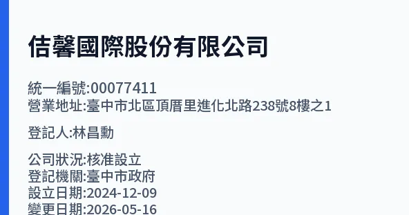 佶馨國際股份有限公司的照片-統編 00077411(臺中市) 公司登記資料與營業項目詳細圖表