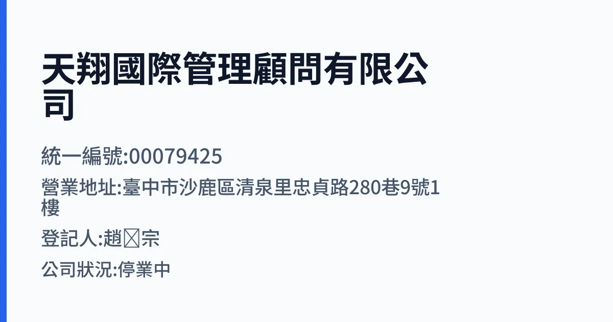 天翔國際管理顧問有限公司 - 統編 00079425(臺中市) 公司登記資料與營業項目詳細圖表