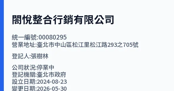 閤悅整合行銷有限公司的照片-統編 00080295(臺北市) 公司登記資料與營業項目詳細圖表