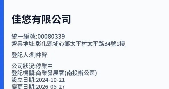 佳悠有限公司的照片-統編 00080339(彰化縣) 公司登記資料與營業項目詳細圖表