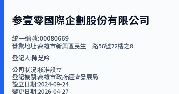 参壹零國際企劃股份有限公司的照片-統編 00080669(高雄市) 公司登記資料與營業項目詳細圖表
