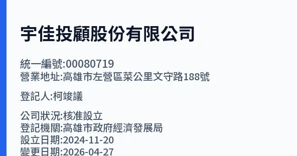 宇佳投顧股份有限公司的照片-統編 00080719(高雄市) 公司登記資料與營業項目詳細圖表