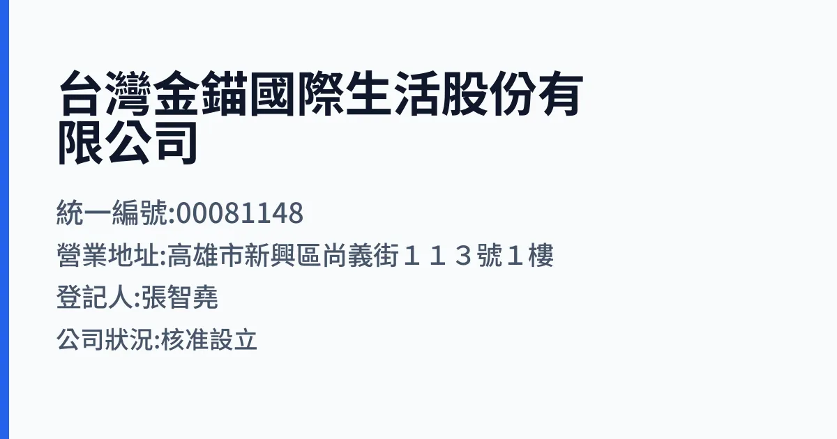 台灣金錨國際生活股份有限公司 - 統編 00081148(高雄市) 公司登記資料與營業項目詳細圖表