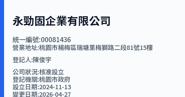 永勁固企業有限公司的照片-統編 00081436(桃園市) 公司登記資料與營業項目詳細圖表