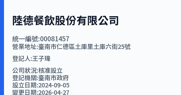 陸德餐飲股份有限公司的照片-統編 00081457(臺南市) 公司登記資料與營業項目詳細圖表