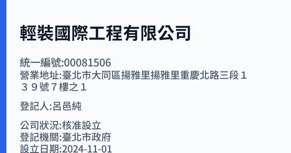 輕裝國際工程有限公司的照片-統編 00081506(臺北市) 公司登記資料與營業項目詳細圖表