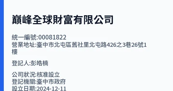 巔峰全球財富有限公司的照片-統編 00081822(臺中市) 公司登記資料與營業項目詳細圖表