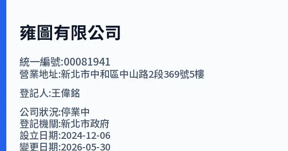 雍圖有限公司的照片-統編 00081941(新北市) 公司登記資料與營業項目詳細圖表