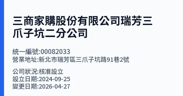 三商家購股份有限公司瑞芳三爪子坑二分公司的照片-統編 00082033(新北市) 公司登記資料與營業項目詳細圖表