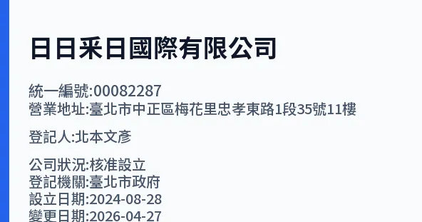 日日釆日國際有限公司的照片-統編 00082287(臺北市) 公司登記資料與營業項目詳細圖表