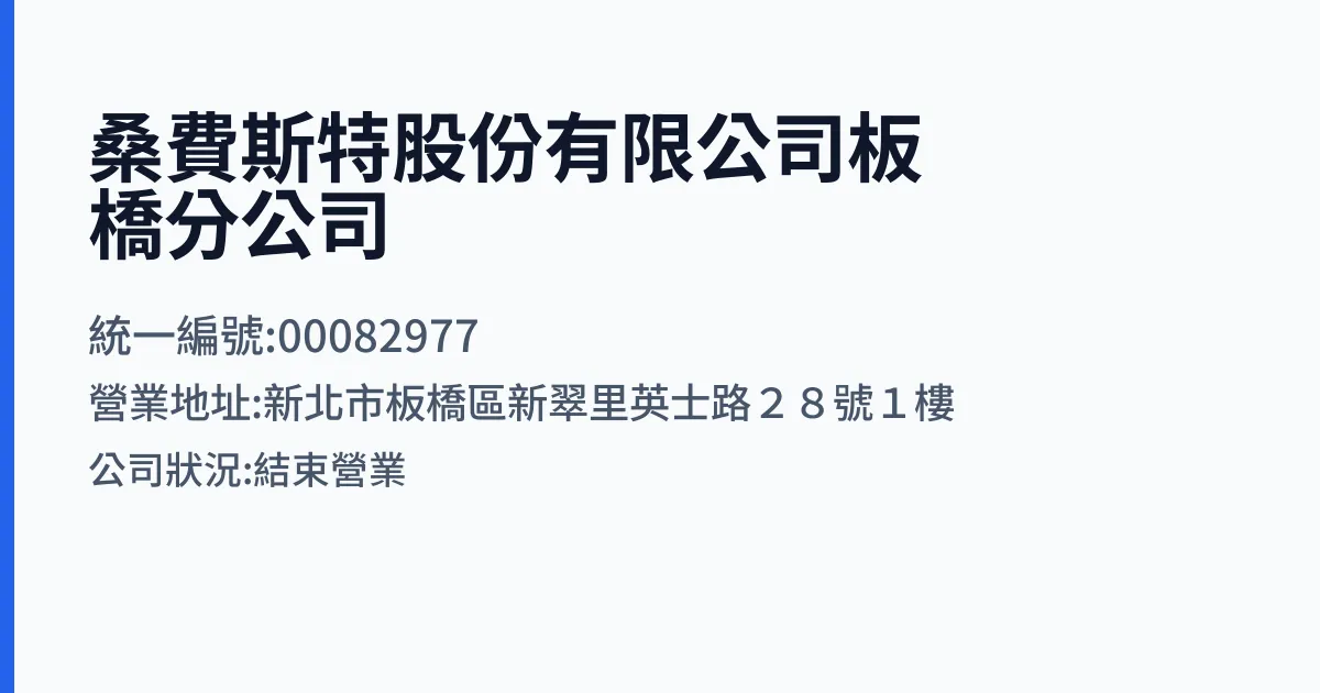 桑費斯特股份有限公司板橋分公司 - 統編 00082977(新北市) 公司登記資料與營業項目詳細圖表