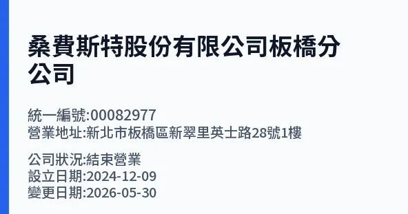 桑費斯特股份有限公司板橋分公司的照片-統編 00082977(新北市) 公司登記資料與營業項目詳細圖表