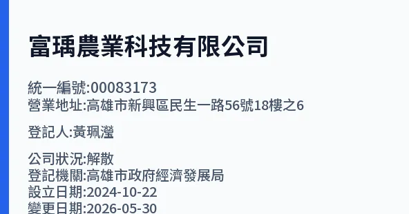 富瑀農業科技有限公司的照片-統編 00083173(高雄市) 公司登記資料與營業項目詳細圖表