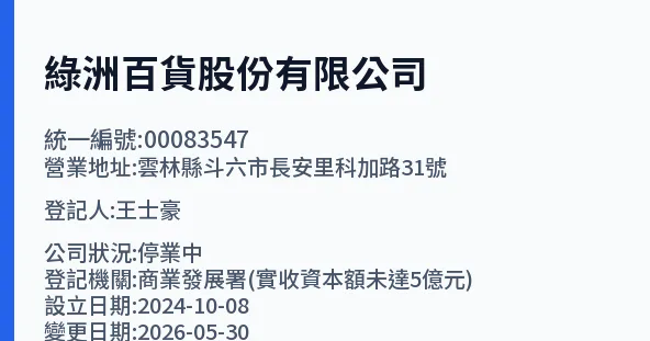 綠洲百貨股份有限公司的照片-統編 00083547(雲林縣) 公司登記資料與營業項目詳細圖表