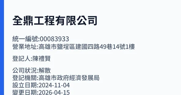 全鼎工程有限公司的照片-統編 00083933(高雄市) 公司登記資料與營業項目詳細圖表