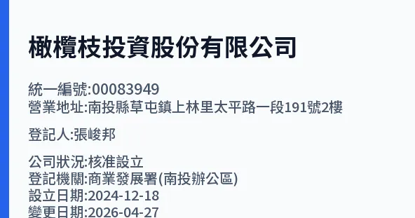 橄欖枝投資股份有限公司的照片-統編 00083949(南投縣) 公司登記資料與營業項目詳細圖表