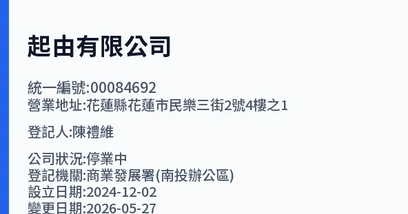 起由有限公司的照片-統編 00084692(花蓮縣) 公司登記資料與營業項目詳細圖表