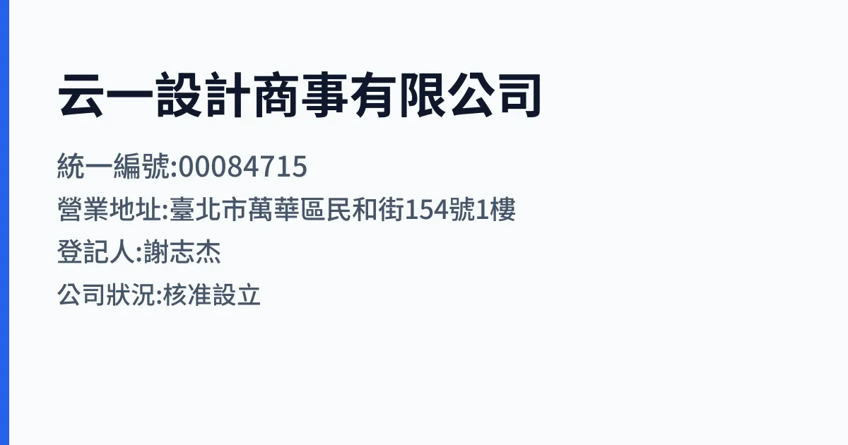 云一設計商事有限公司 - 統編 00084715(臺北市) 公司登記資料與營業項目詳細圖表