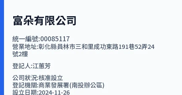 富朵有限公司的照片-統編 00085117(彰化縣) 公司登記資料與營業項目詳細圖表