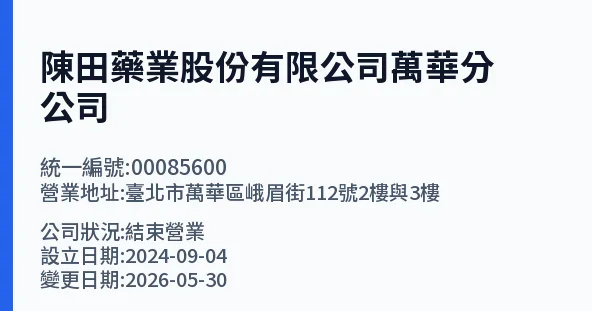 陳田藥業股份有限公司萬華分公司的照片-統編 00085600(臺北市) 公司登記資料與營業項目詳細圖表